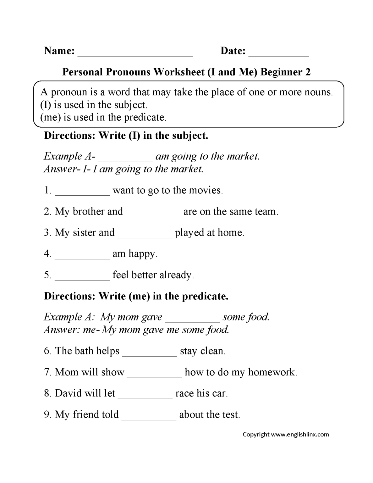 Free Printable Personal Pronouns Worksheets - Printable Worksheets