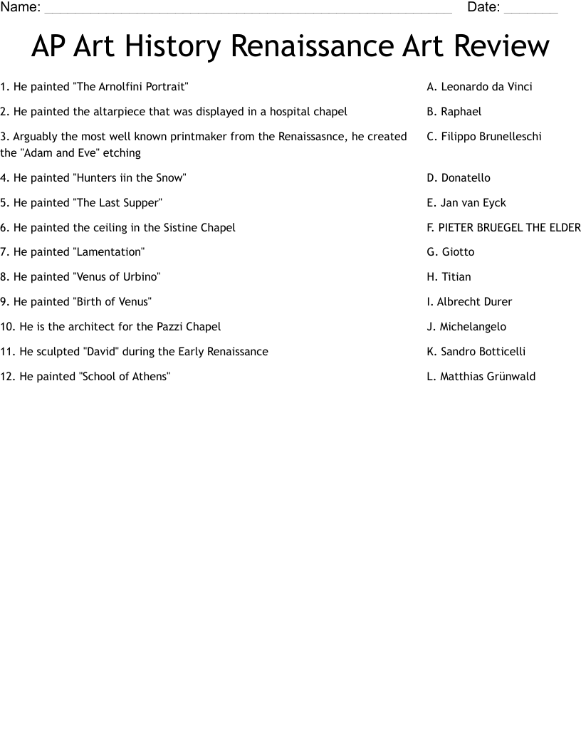 Free Printable Renaissance Worksheets - Printable Worksheets