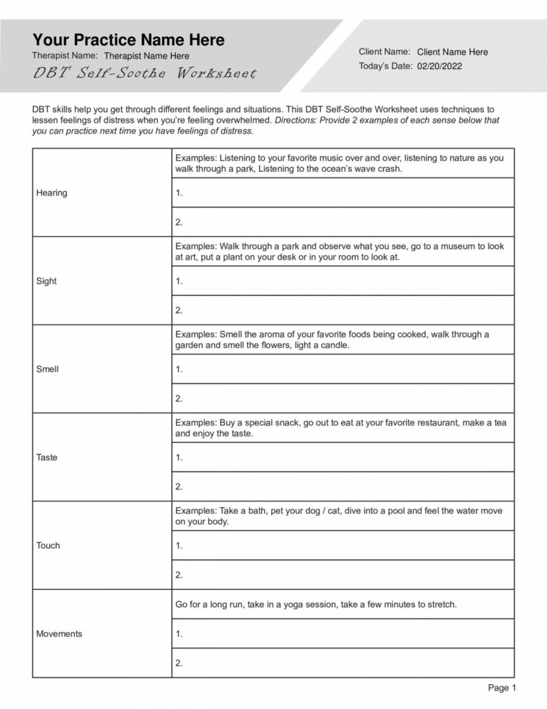 Free Printable Dbt Self Soothe Worksheet - Printable Worksheets