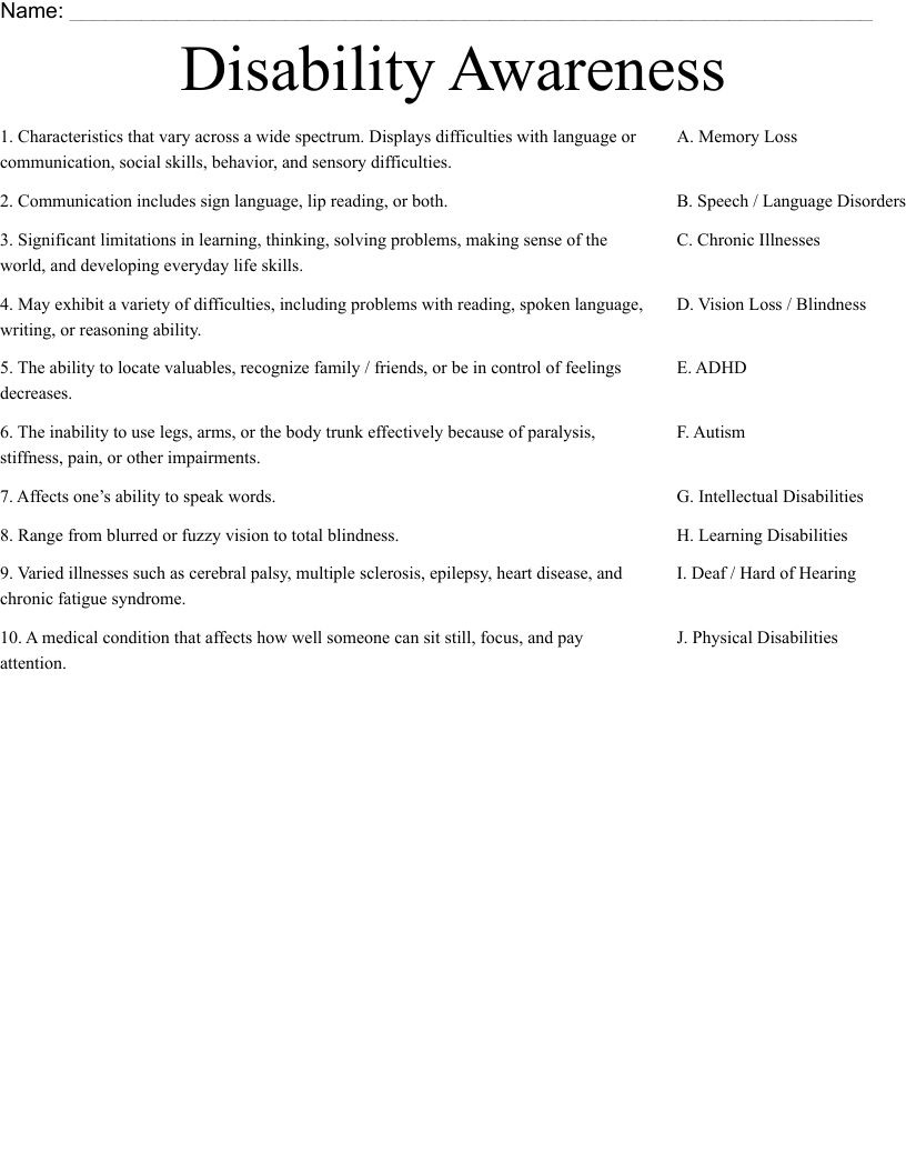 Free Printable Disability Awareness Worksheet - Printable Worksheets