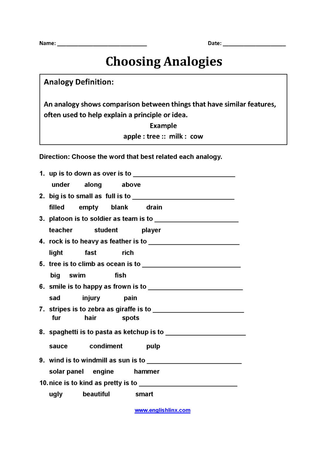 Free Printable Analogy Worksheets - Printable Worksheets