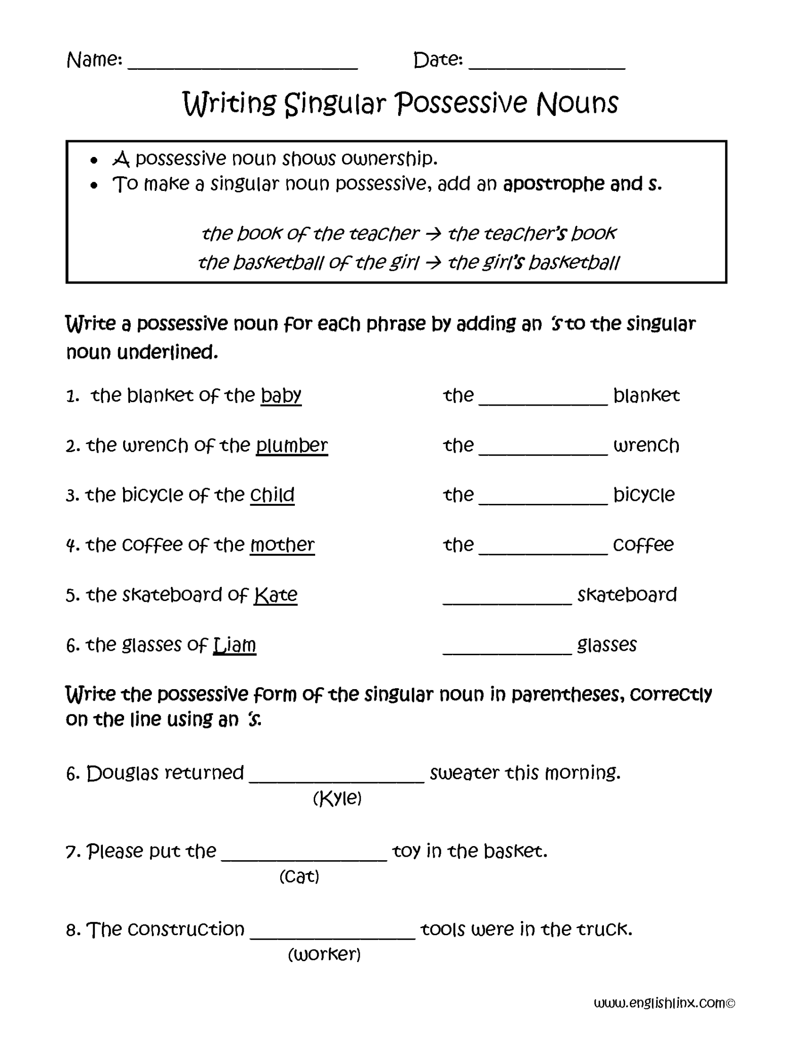 Free Printable Possessive Nouns Worksheets - Printable Worksheets