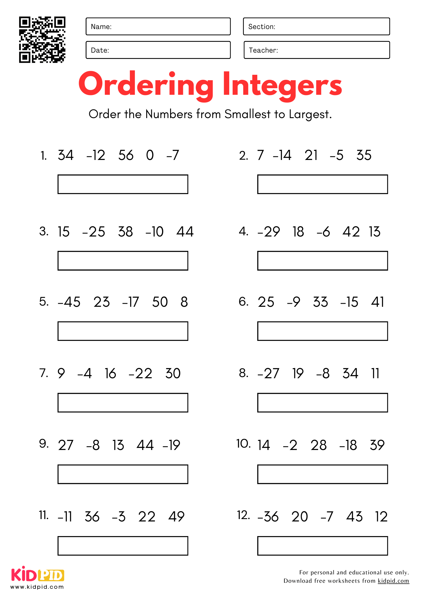 Free Printable Integer Worksheets - Printable Worksheets