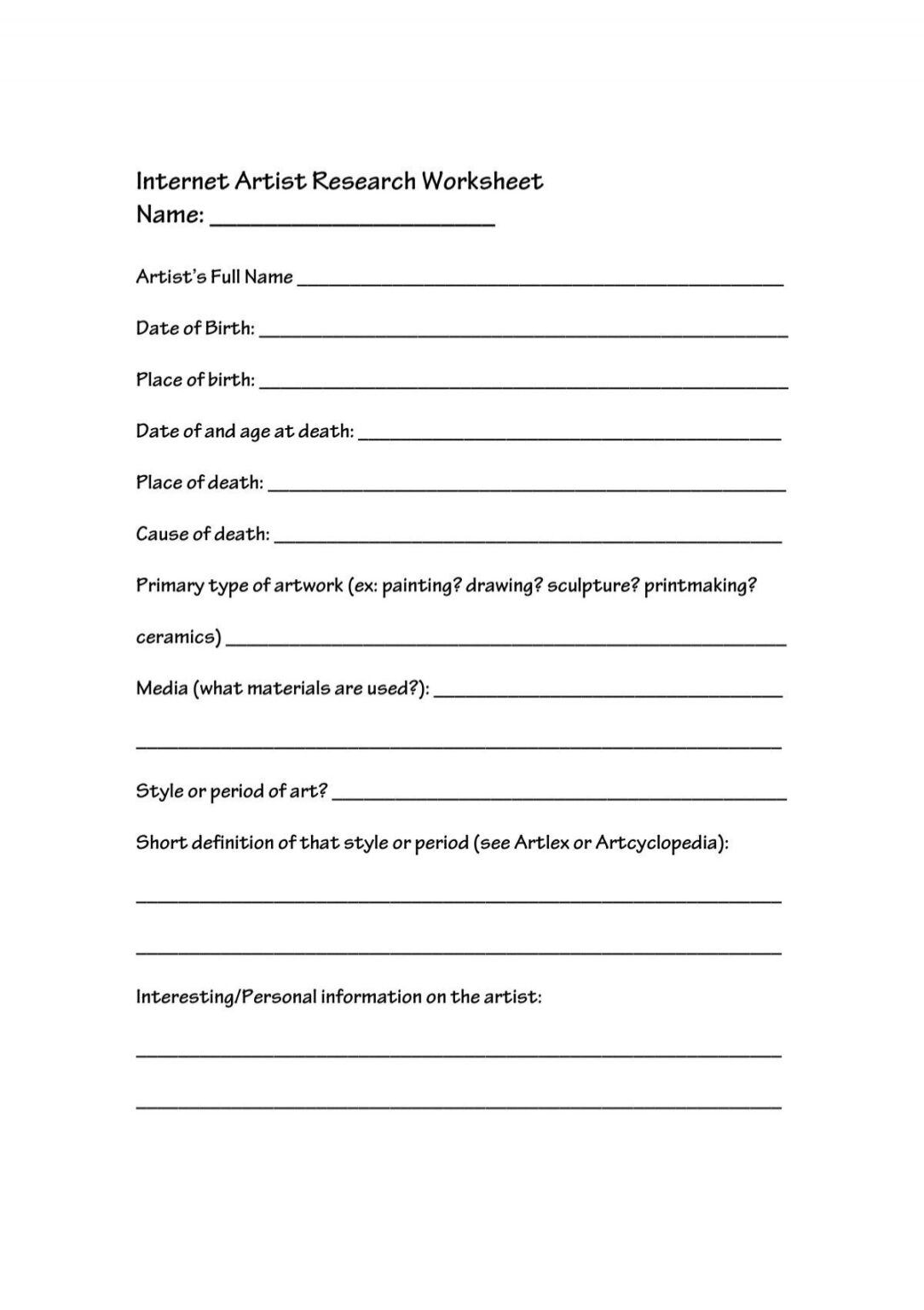 Free Printable Artist Research Worksheet - Printable Worksheets