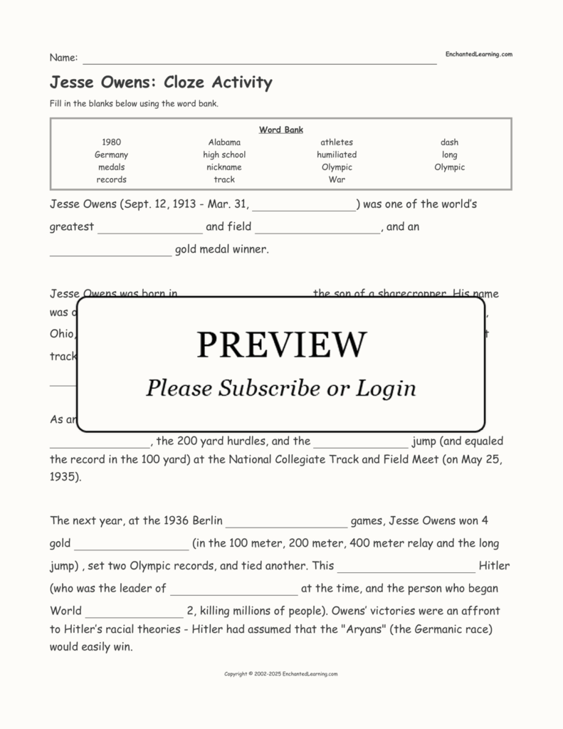 Free Printable Jesse Owens Worksheets - Printable Worksheets