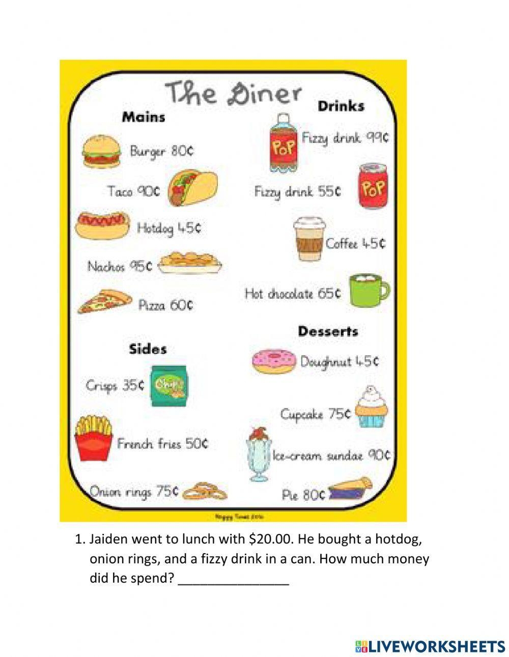 Free Printable Menu Math Worksheets - Printable Worksheets