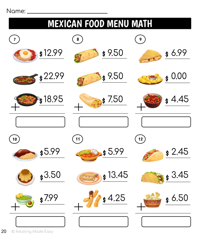 Free Printable Menu Math Worksheets - Printable Worksheets