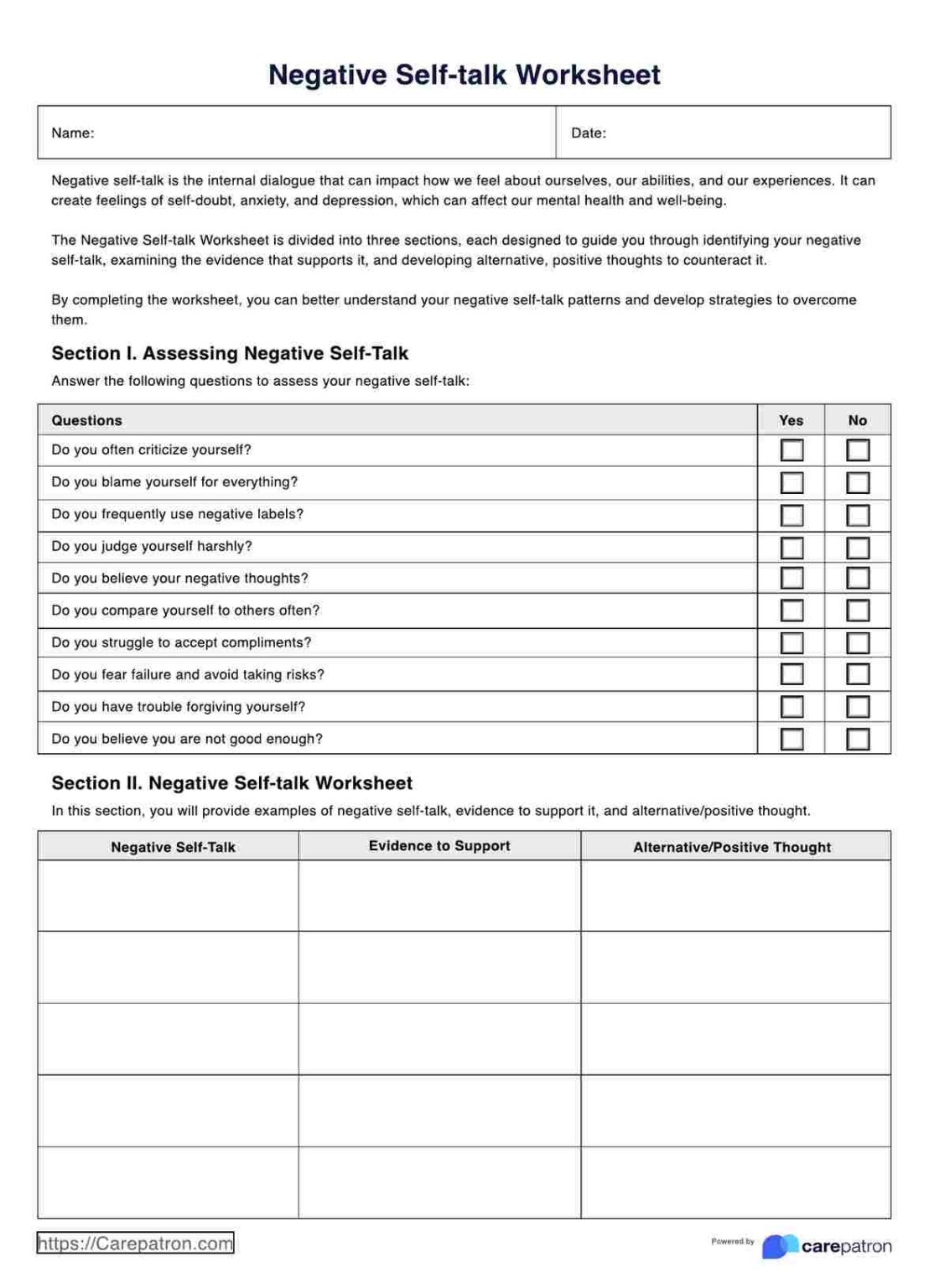 Free Printable Negative Self Talk Worksheet - Printable Worksheets