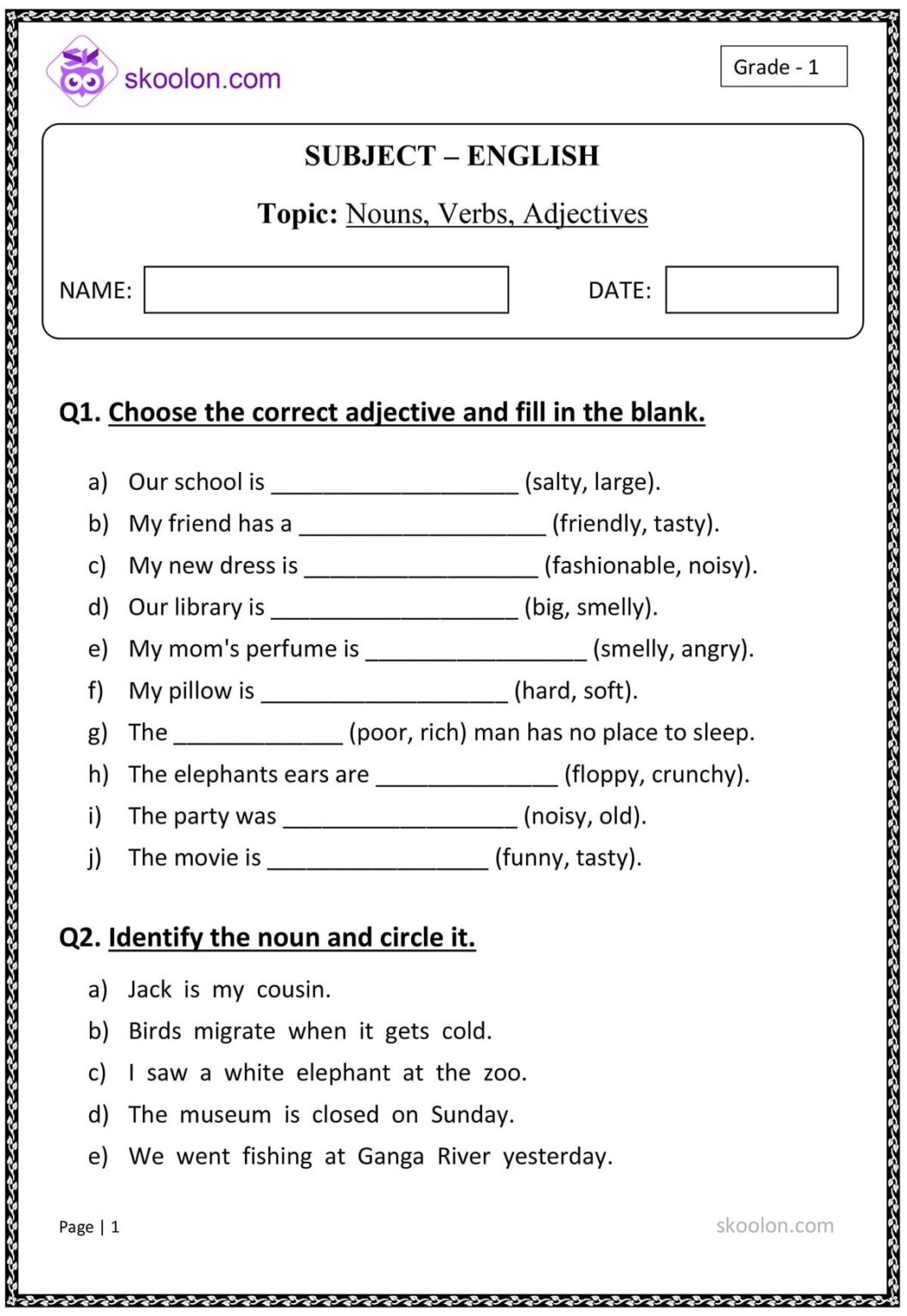 Adjectives Verbs Nouns Worksheets Free Printable - Printable Worksheets