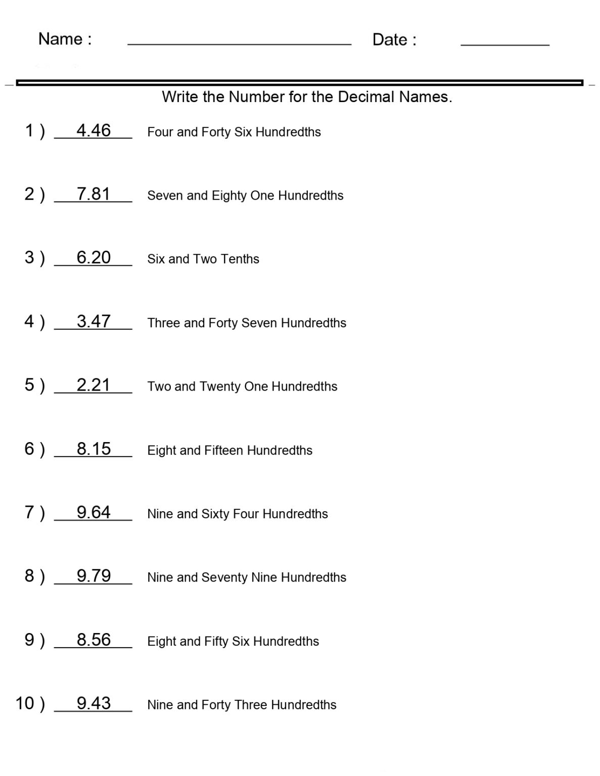 Free Printable Naming Decimals Worksheet - Printable Worksheets