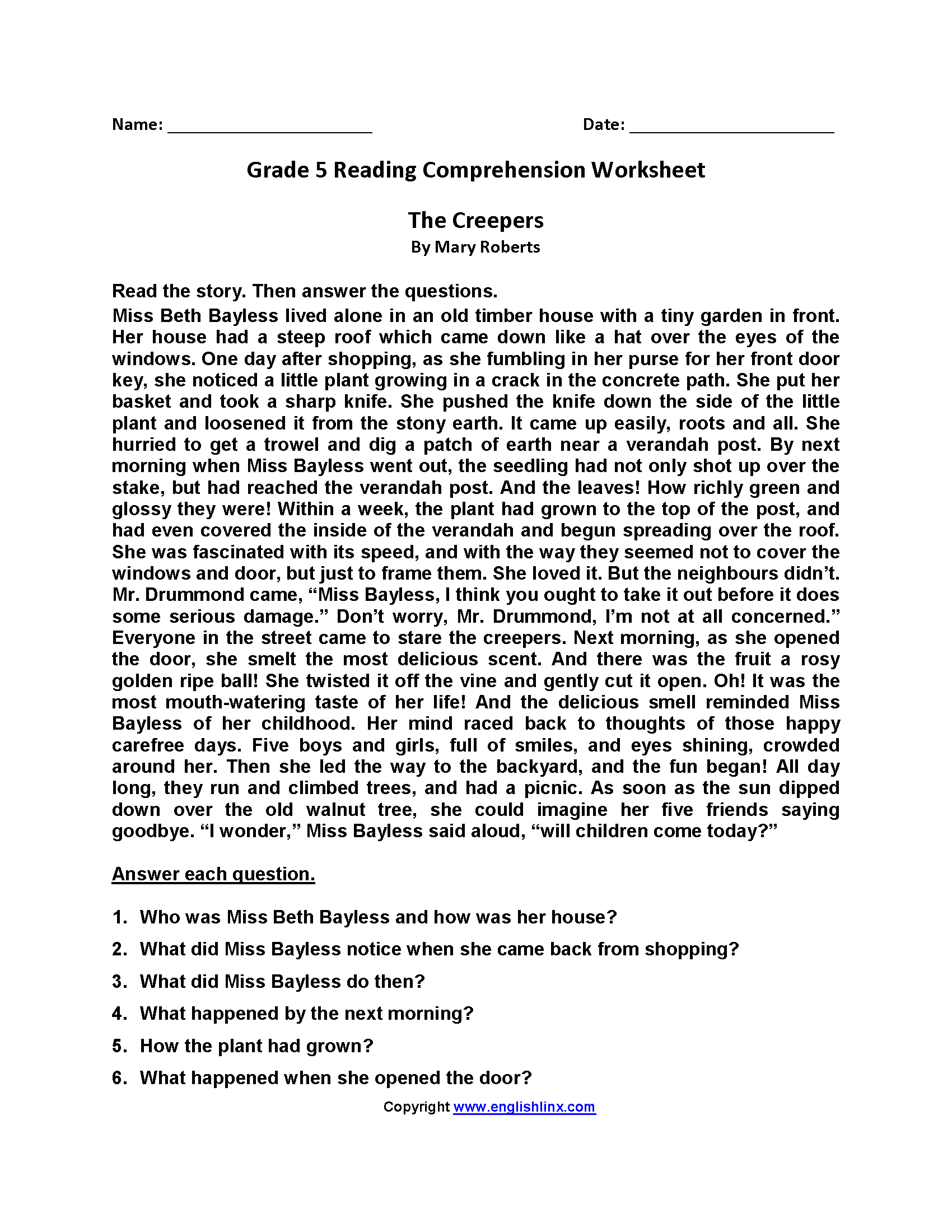 Free Printable Fifth Grade Reading Worksheets - Printable Worksheets