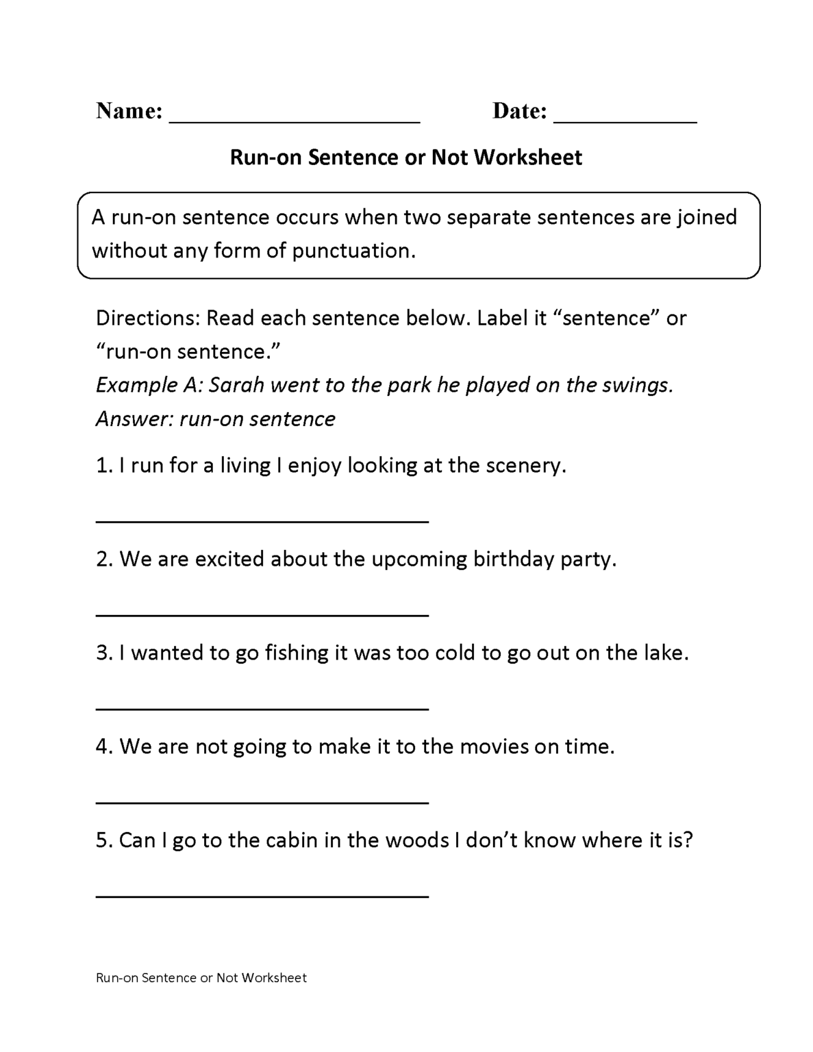 Free Printable Run-On Sentence Worksheet - Printable Worksheets