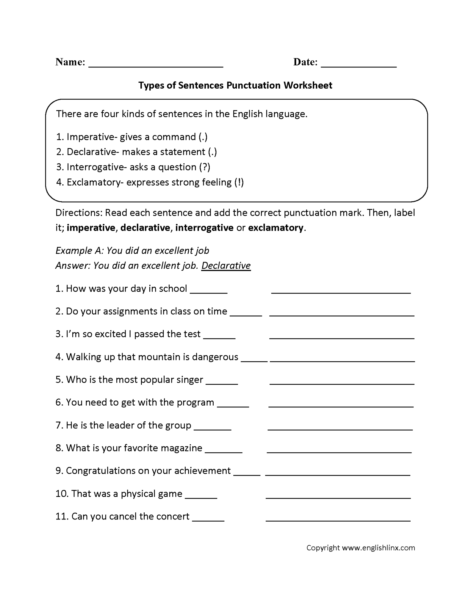 Free Printable Types Of Sentences Worksheets - Printable Worksheets