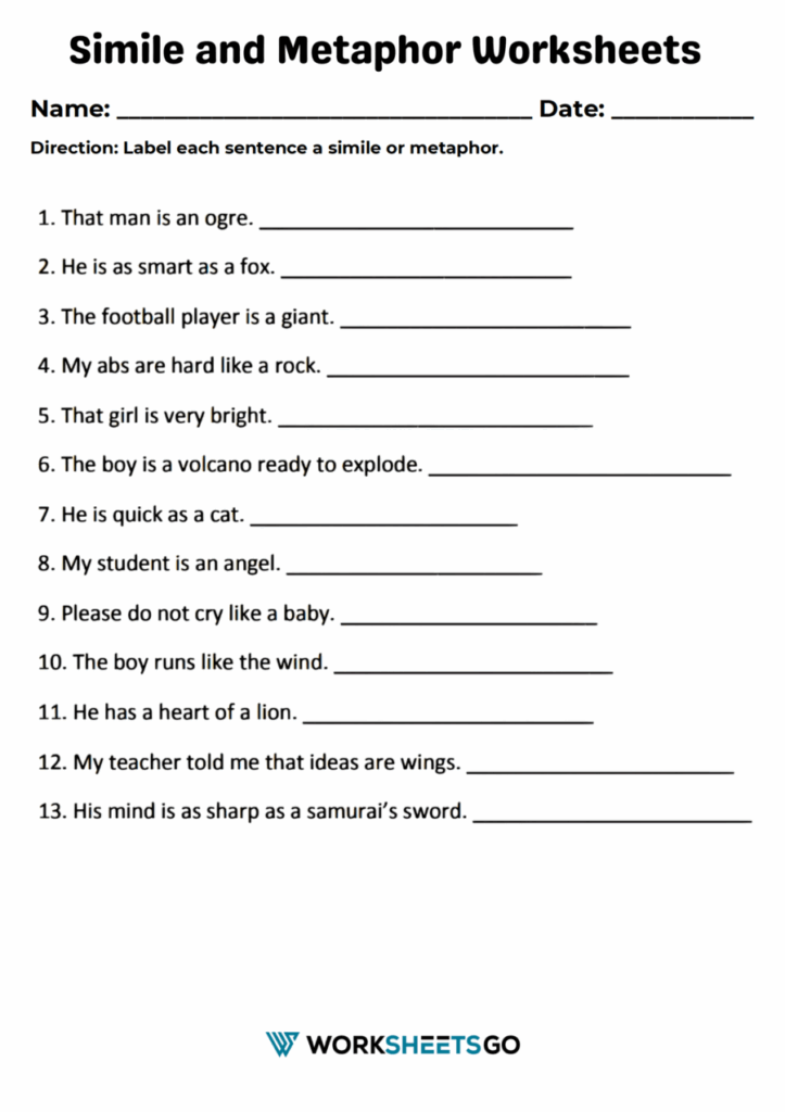 Free Printable Simile And Metaphor Worksheet - Printable Worksheets