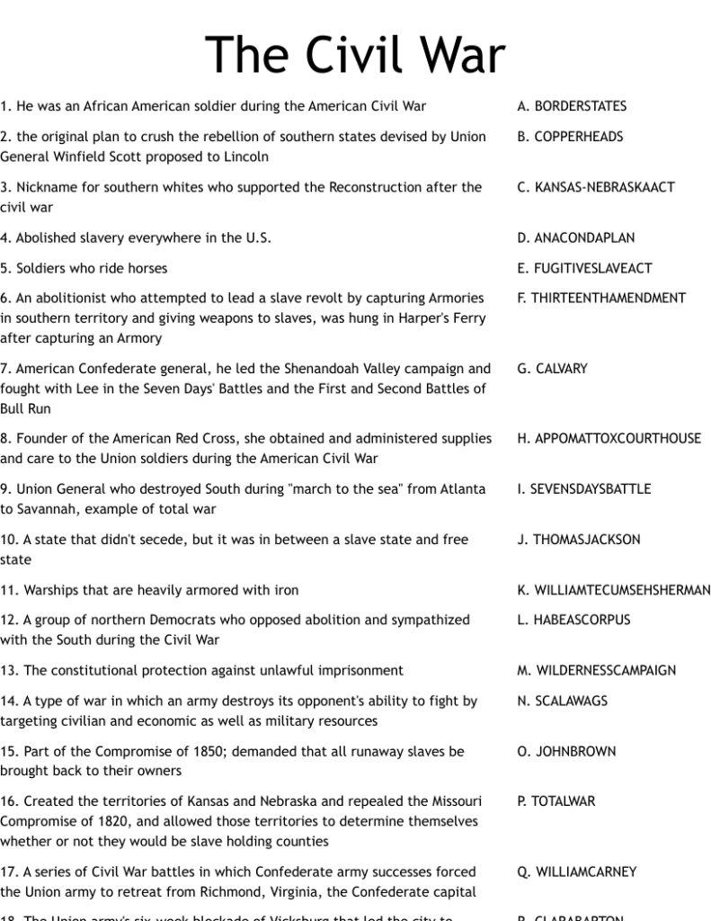 Free Printable American Civil War Worksheets - Printable Worksheets