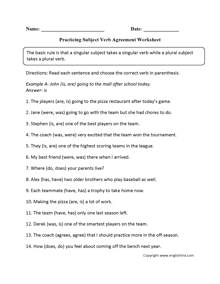 Free Printable Subject Verb Agreement Worksheets - Printable Worksheets