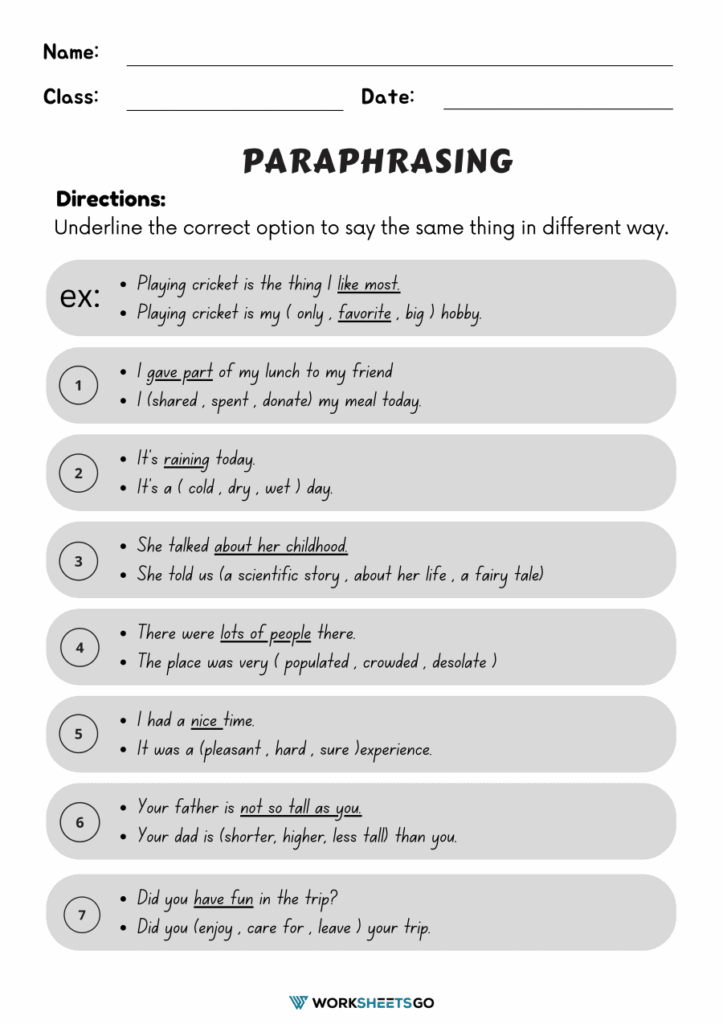 Free Printable Paraphrasing Worksheets - Printable Worksheets